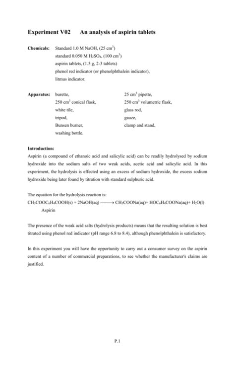 Aspirin Tablet Analysis Hydrolysis Titration Experiment