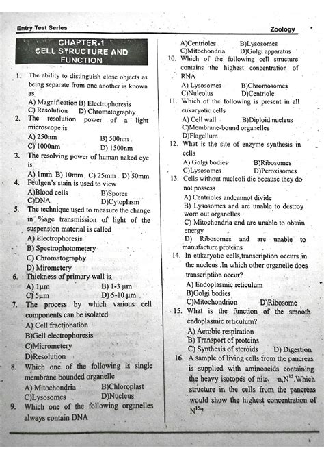 Solution Zoology Mcqs Test With 4 Options Of Cell Structure And