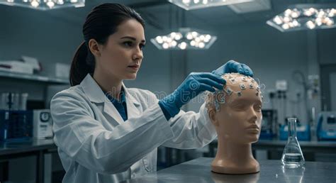 Title Female Scientist Preparing Eeg Head Model For Brainwave Research In Laboratory Stock