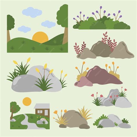 Premium Vector Grass And Stone With Flower Cartoon Style