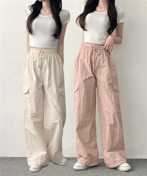 인생카고투웨이 바스락 카고 스트링 나일론 하이웨스트 여름 썸머 와이드 조거 트레이닝 팬츠 3coloor 에이블리