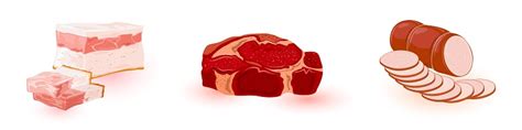 시장 정육점 상점의 육류 제품으로 설정 벡터 살로 고지방 베이컨 햄 소시지 가공육에 대한 스톡 벡터 아트 및 기타 이미지 가공육 개체 그룹 건강에 좋지 않은 음식