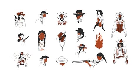 손으로 그린 추상적인 벡터 그래픽 클립 아트 그림 Boho 카우걸과 모자 초상화 번들에 카우보이서양 디자인 개념보헤미안 와일드