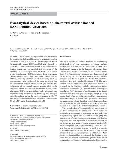 Pdf Bioanalytical Device Based On Cholesterol Oxidase Bonded Sam Modified Electrodes