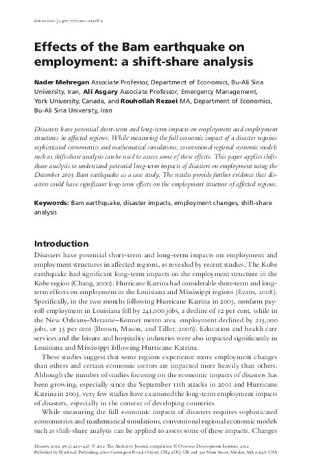 Pdf Effects Of The Bam Earthquake On Employment A Shift Share Analysis