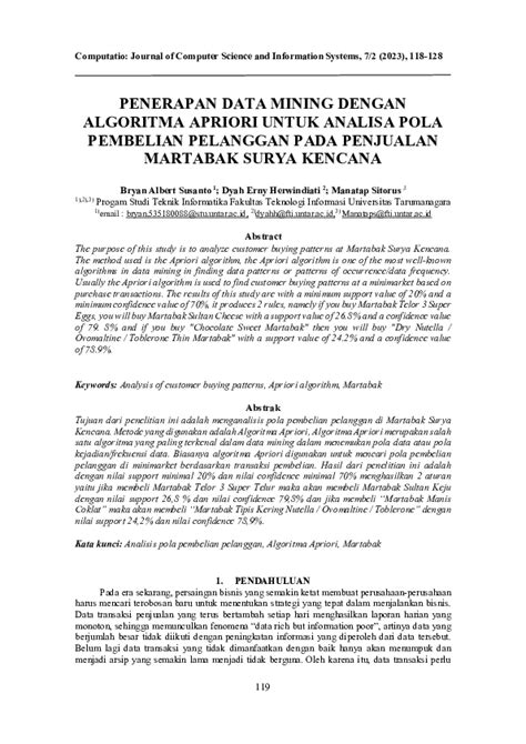 Pdf Penerapan Data Mining Dengan Algoritma Apriori Untuk Analisa Pola Pembelian Pelanggan Pada