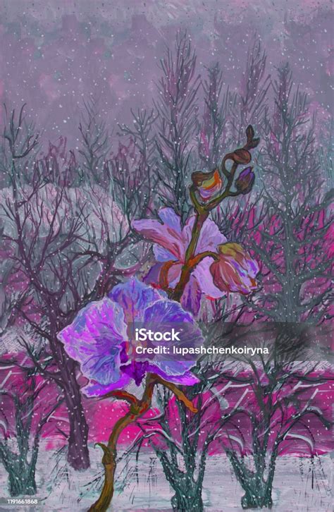 발렌타인 데이 현대 미술 작품을 위한 유행 겨울 일러스트 인상주의 내 원래 유화 캔버스 수직 겨울 차가운 눈 풍경 창 밖에 그리고 집의 따뜻한 창에 보라색 난초 피는 개화에