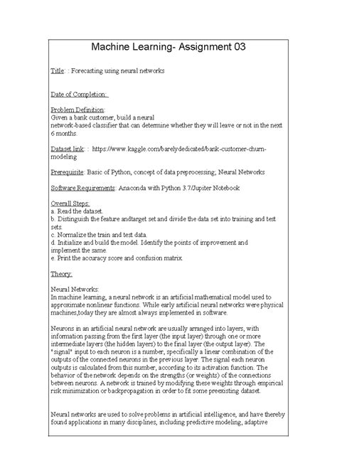 Machine Learning 3 Forecasting Using Neural Networks Machine Learning Assignment 03 Title