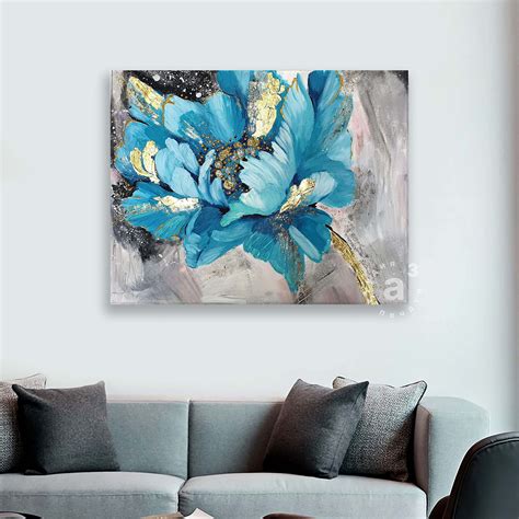 Лазурный цветок на натуральном хлопковом холсте на подрамнике в подарок для интерьера