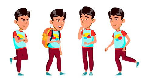 아시아 소년 남학생 아이 포즈 설정 벡터입니다 초등 학생 활동적인 귀여운 아이 웹 브로셔 포스터 디자인 고립 된 만화 삽화 개인
