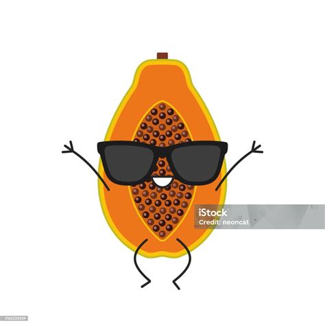 파파야 과일 점프 인사 귀여운 캐릭터 만화 선글라스 달콤한 웃는 얼굴 쾌활한 Kawaii 기쁨 행복 감정 아이콘 벡터 일러스트 레이 션 과일에 대한 스톡 벡터 아트 및 기타