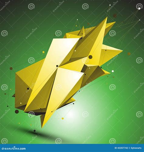 Gold Abstract Asymmetric Vector Object With Lines Mesh Over Green Background Dimensional