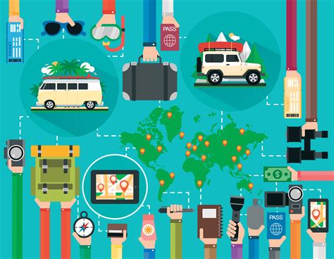 Time To Travel Flat Design Set Summer Holiday With SUV Minibus And Map