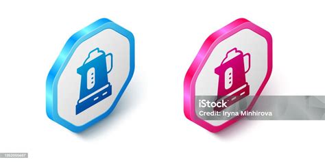 흰색 배경에 격리 된 등색 전기 주전자 아이콘 주전자 아이콘 육각 버튼 벡터 3차원 형태에 대한 스톡 벡터 아트 및 기타 이미지 3차원 형태 가정 생활 가정 주방