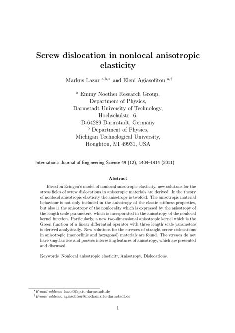 Pdf Screw Dislocation In Nonlocal Anisotropic Elasticity