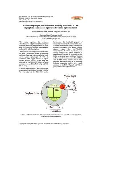 Pdf Enhanced Hydrogen Production From Water By Core Shell Au Tio2 Graphene Oxide