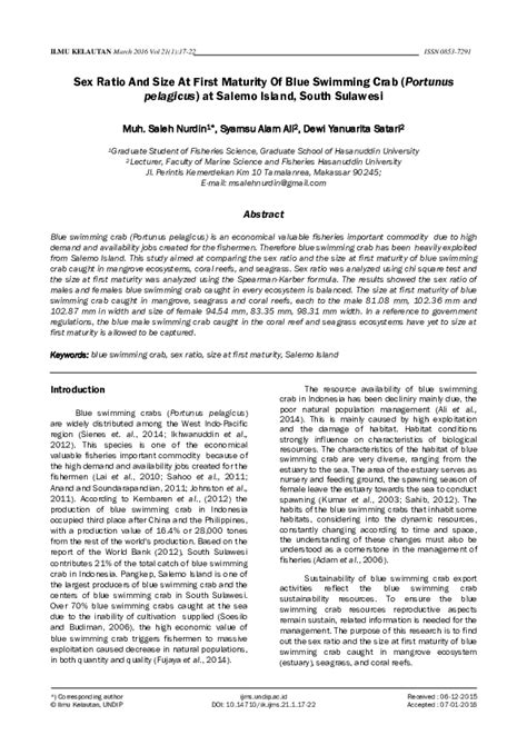 Pdf Sex Ratio And Size At First Maturity Of Blue Swimming Crab Portunus Pelagicus Salemo