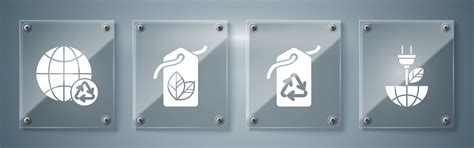 전기 절약 플러그를 나뭇잎 재활용 기호가있는 태그 잎 기호가있는 태그 지구와 재활용을 설정합니다 정사각형 유리 패널 벡터 0명에