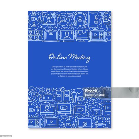 온라인 회의 및 화상 통화 관련 개체 및 요소 손으로 그린 벡터 낙서 일러스트 레이션 컬렉션 포스터 다양한 온라인 미팅 및 화상 통화 개체가 있는 표지 템플릿 낙서 드로잉에