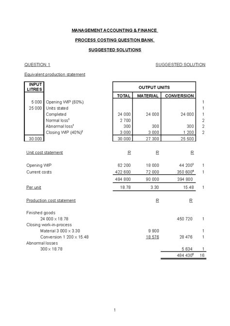 Process Costing Question Bank Solution MANAGEMENT ACCOUNTING FINANCE PROCESS COSTING