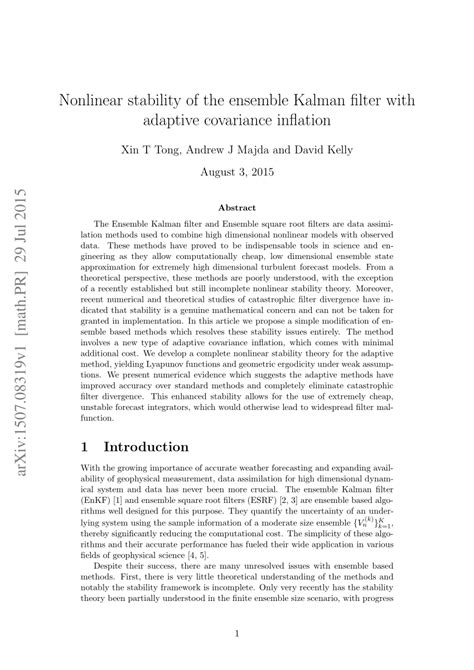 PDF Nonlinear Stability Of The Ensemble Kalman Filter With Adaptive Covariance Inflation
