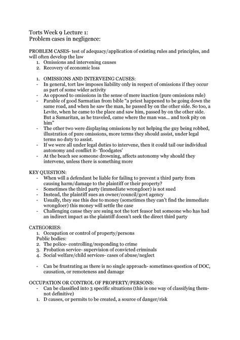 Torts Week 9 Lecture 1 Torts Week 9 Lecture 1 Problem Cases In Negligence PROBLEM CASES