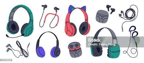 헤드폰 벡터 세트입니다 음악 듣기 유선 및 무선 오디오 장비 이어폰 및 인 이어 전자 음악 장치 평면 만화 벡터 일러스트 세트 무선 인이어 헤드폰에 대한 스톡 벡터 아트 및