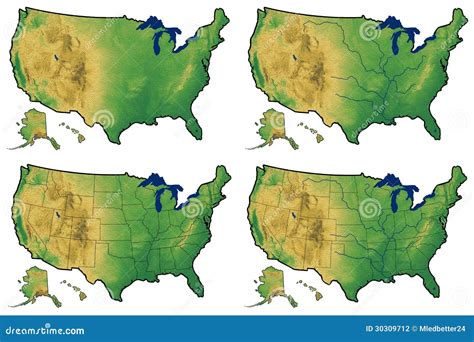 Quatro Versões Do Mapa Físico De Estados Unidos Ilustração Stock Ilustração De Mapa América