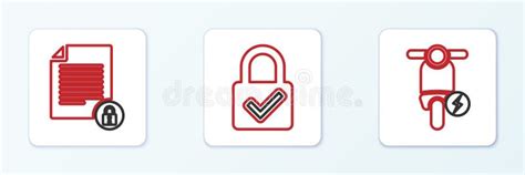 Set Line Electric Scooter Document And Lock And Lock Check Mark Icon Vector Stock Illustration