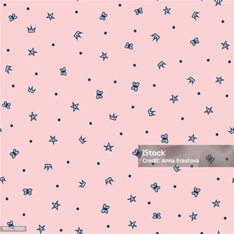 반복 된 크라운 별 나비 및 폴카 도트 귀여운 여성 원활한 패턴 손으로 그려입니다 스케치 낙서 낙서입니다 패턴에 대한 스톡 벡터 아트 및 기타 이미지 Istock