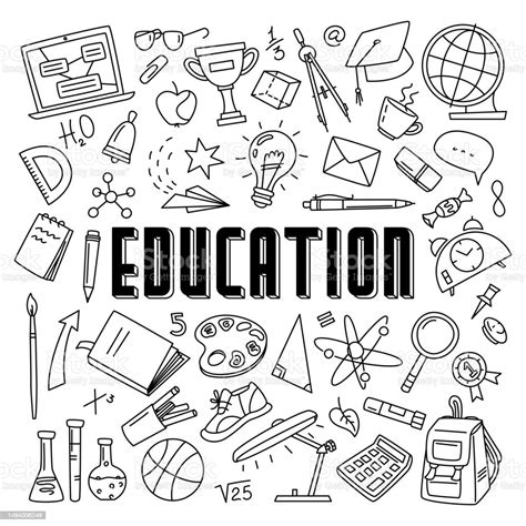 교육 낙서 개체가 설정되었습니다 학용품과 창의적인 요소가 있는 손으로 그린 배경 학교로 돌아 가기 벡터 그림입니다 가방에 대한 스톡 벡터 아트 및 기타 이미지 Istock