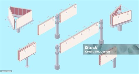 야외 광고를위한 빈 캔버스와 Isometric 광고판 세트 3차원 형태에 대한 스톡 벡터 아트 및 기타 이미지 3차원 형태 Led 조명 간판 Istock