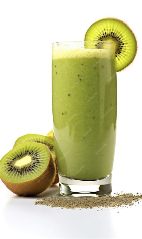 격리된 흰색 배경 스튜디오 샷에서 키위 과일을 곁들인 키위 주스 프리미엄 사진