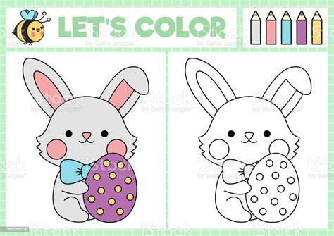 귀여운 귀여운 토끼가 달걀을 들고 있는 아이들을 위한 부활절 색칠하기 페이지 벡터 봄 휴가 개요 그림입니다 컬러 예제가있는 아이들을위한 컬러 북 드로잉 기술 인쇄 가능한