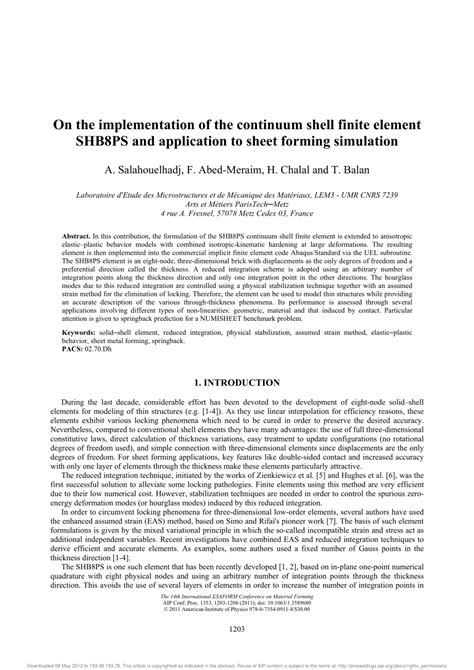 Pdf On The Implementation Of The Continuum Shell Finite Element Shb8ps And Application To