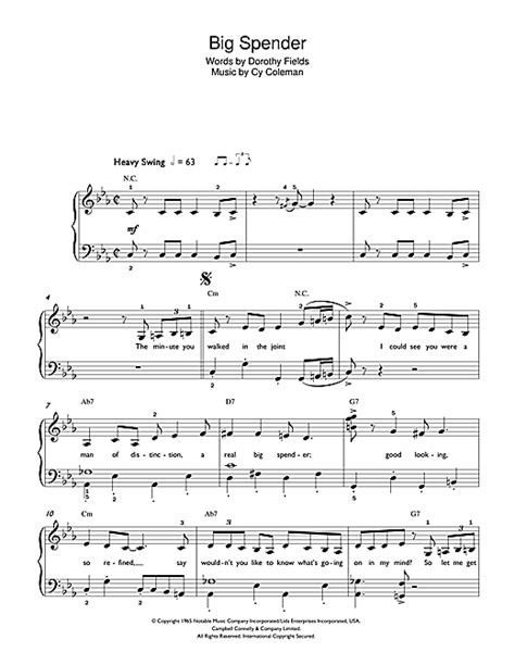 Shirley Bassey Big Spender From Sweet Charity Sheet Music Notes Download Printable Pdf