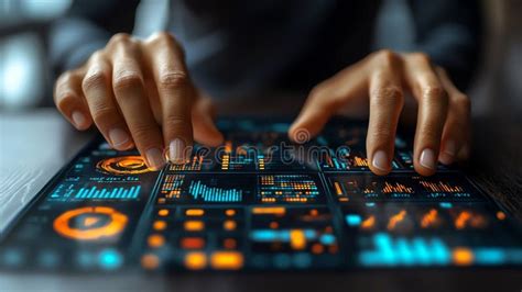 Hands Interacting With A High Tech Digital Interface Displaying Data