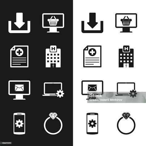 의료 병원 건물 임상 기록 다운로드 쇼핑 바구니모니터 봉투 및 노트북 기어 아이콘 설정 벡터 0명에 대한 스톡 벡터 아트 및 기타 이미지 Istock