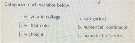 Solved Categorize Each Variable Belowyear In Collegea