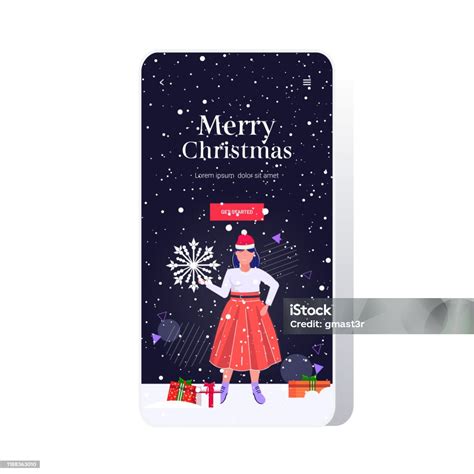 눈송이 메리 크리스마스 새해 겨울 휴일 축하 개념 인사말 카드 스마트 폰 화면 온라인 모바일 앱 전체 길이를 들고 산타 모자에 미소 여자 12월에 대한 스톡 벡터 아트 및