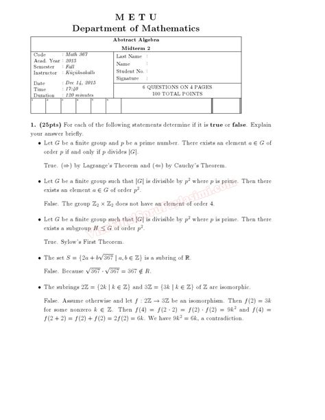 Abstract Algebra Second Midterm Exam Questions Vize Ve Final Soruları