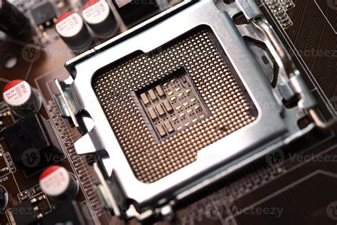 Microprocessor And Socket On The Motherboard Computer Radio Components Microchips And Chips