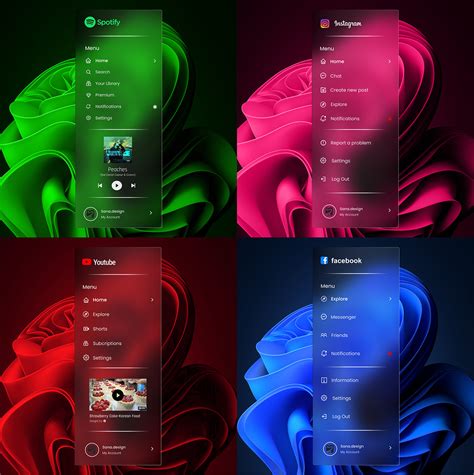Glassmorphism Menu Cards Spotifyinstayoutubefacebook Behance Glassmorphism Menu Cards Spotifyinstayoutubefacebook Behance