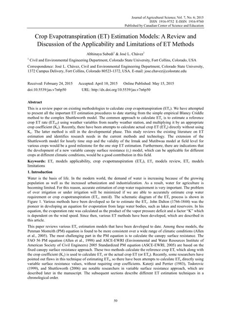 PDF Crop Evapotranspiration ET Estimation Models A Review And Discussion Of The