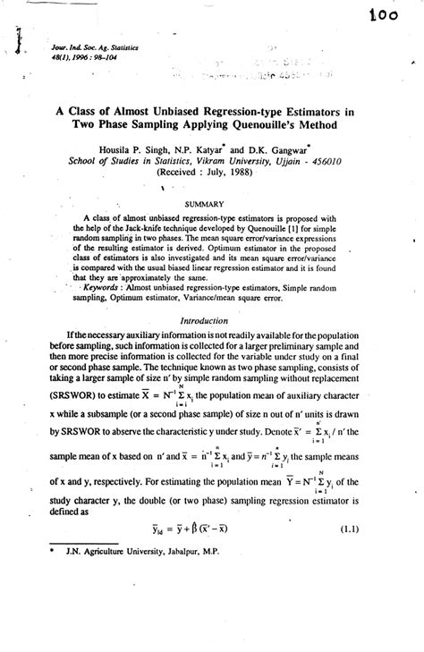 Pdf A Class Of Almost Unbiased Regression Type Estimators In Two Phase Sampling Applying