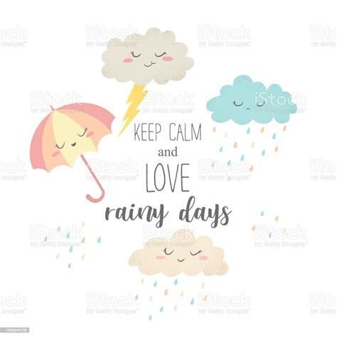 귀여운 손으로 그린 우산 구름과 글자 벡터 그림은 조용하고 흰색 배경에 고립 된 비오는 날을 사랑 유지합니다 프린트 패브릭 카드 포스터 용 디자인 비에 대한 스톡 벡터 아트