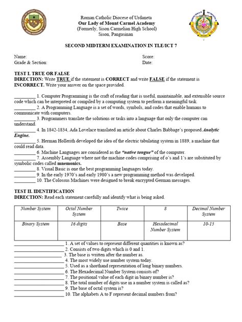 Grade 7 Second Midterm Exam Pdf Computer Programming Assembly