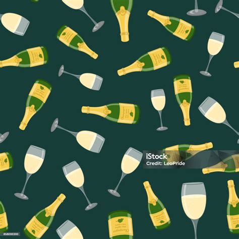 샴페인 병 와인 유리 완벽 한 패턴입니다 평면 스타일 만화 벡터 금 금속에 대한 스톡 벡터 아트 및 기타 이미지 금 금속 기포 노랑 Istock