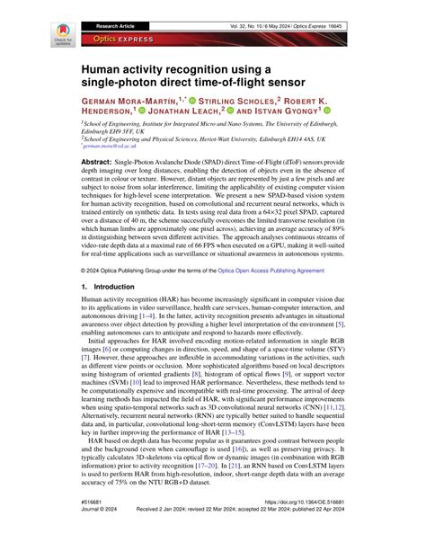 Pdf Human Activity Recognition Using A Single Photon Direct Time Of Flight Sensor