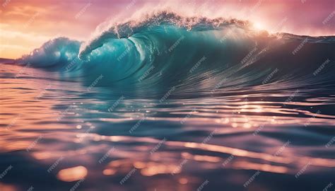 Premium Photo Surfing Ocean Wave At Sunset Blue Ocean Wave With Sun